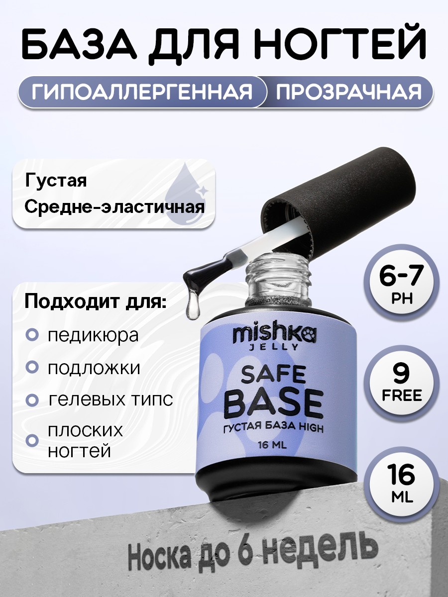 Гипоаллергенная Сейф база для ногтей и гель-лака прозрачная Mishka Jelly Safe Base High