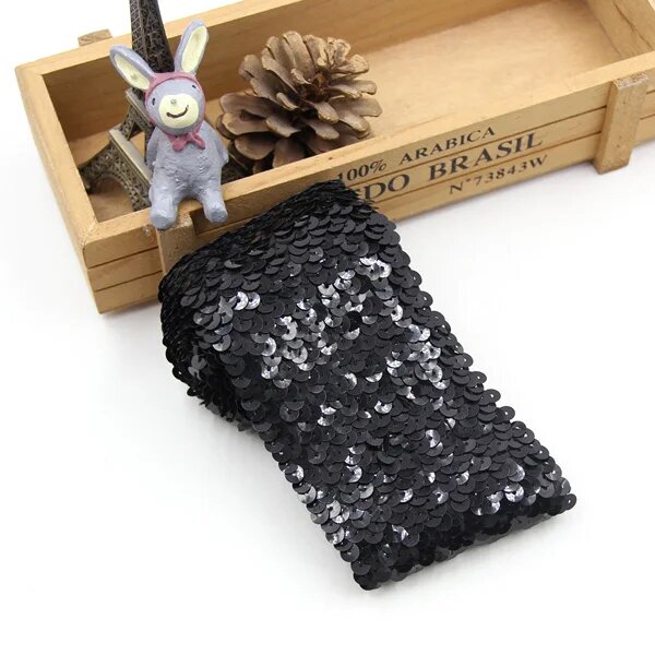 Эластичная блестящая лента с бисером 7,5 см Черный, Black