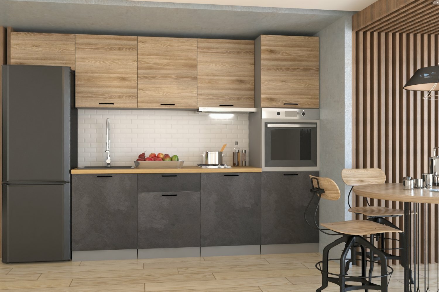 Кухонный гарнитур Лофт, длина 3000 мм, фасады МДФ Рустик/Бетон