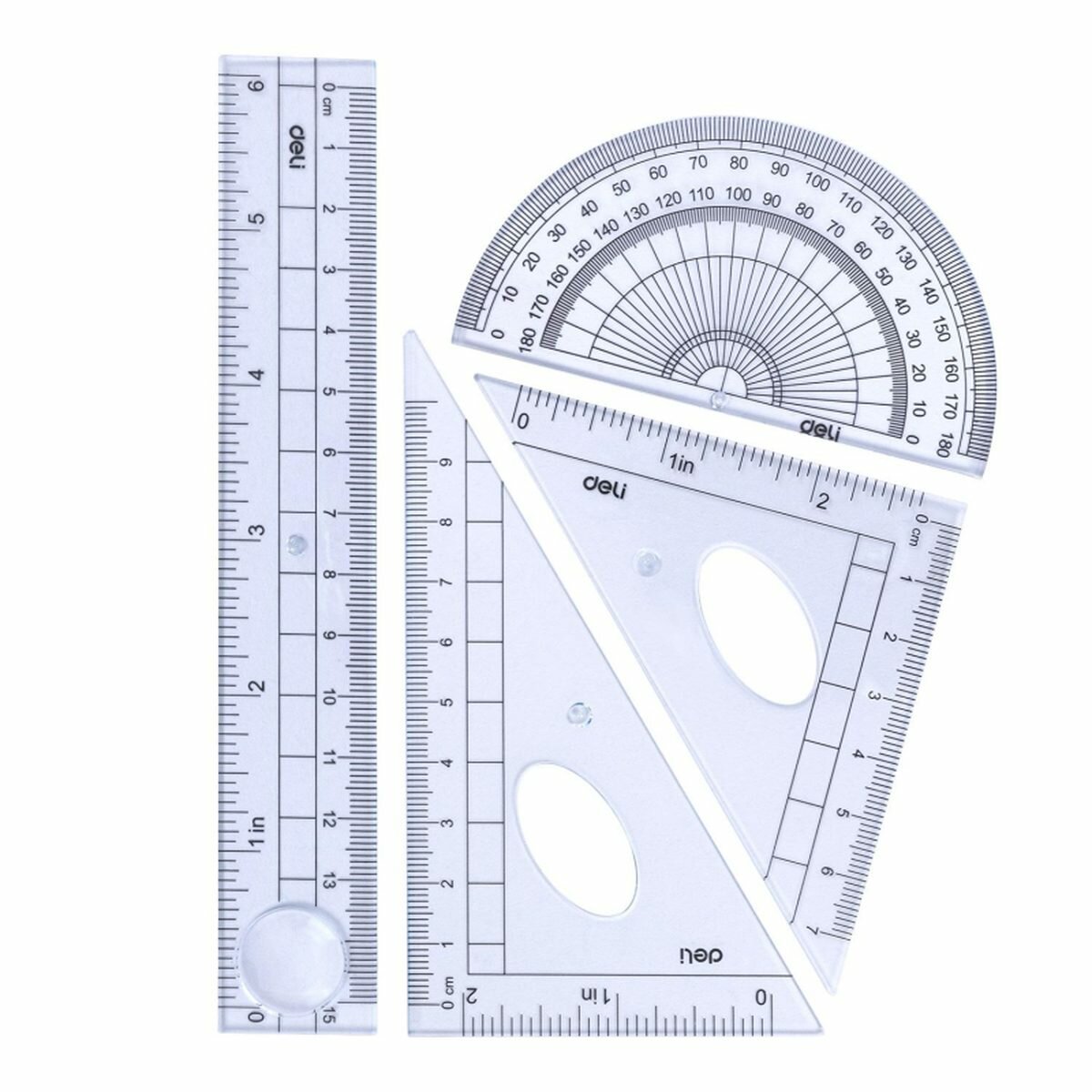 Набор чертежный Deli E9597 (линейка 15см, угольники 10 и 7см, транспортир 8см) прозрачный, 24 уп.