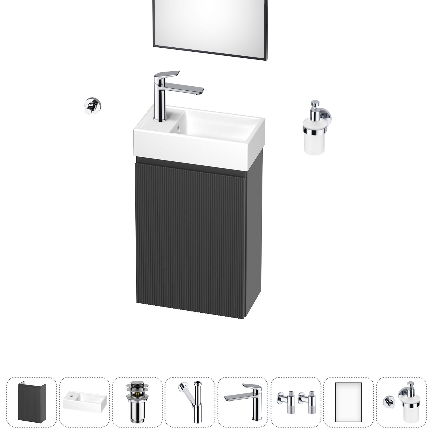 Влагостойкая тумба с раковиной в ванную комнату или туалет Wellsee WC Area 20216952R в наборе 9 в 1: тумба 40 см (матовый темно-серый), маленькая раковина, донный клапан, сифон, смеситель, вентили 2 шт, зеркало, крючок, дозатор (цвет набора хром)