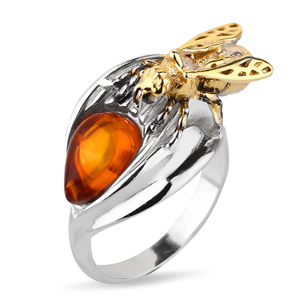 Перстень, серебро, 925 проба, родирование, золочение, янтарь