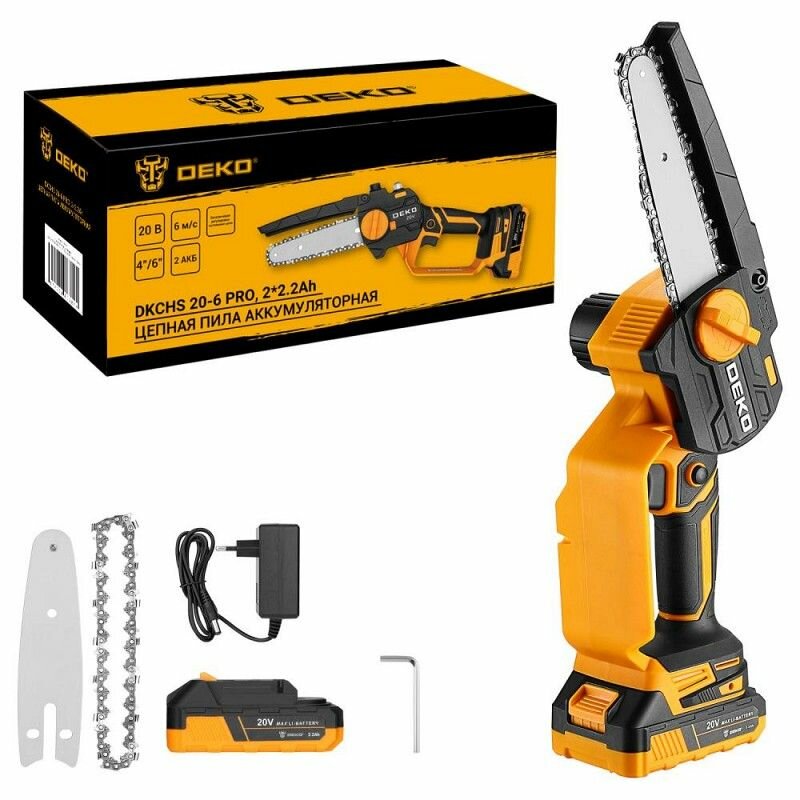Аккумуляторная цепная пила садовая DEKO DKCHS 20-6 PRO, 2 шины 100 и 150 мм, 20 В, 2 акк. 2.2 Ач