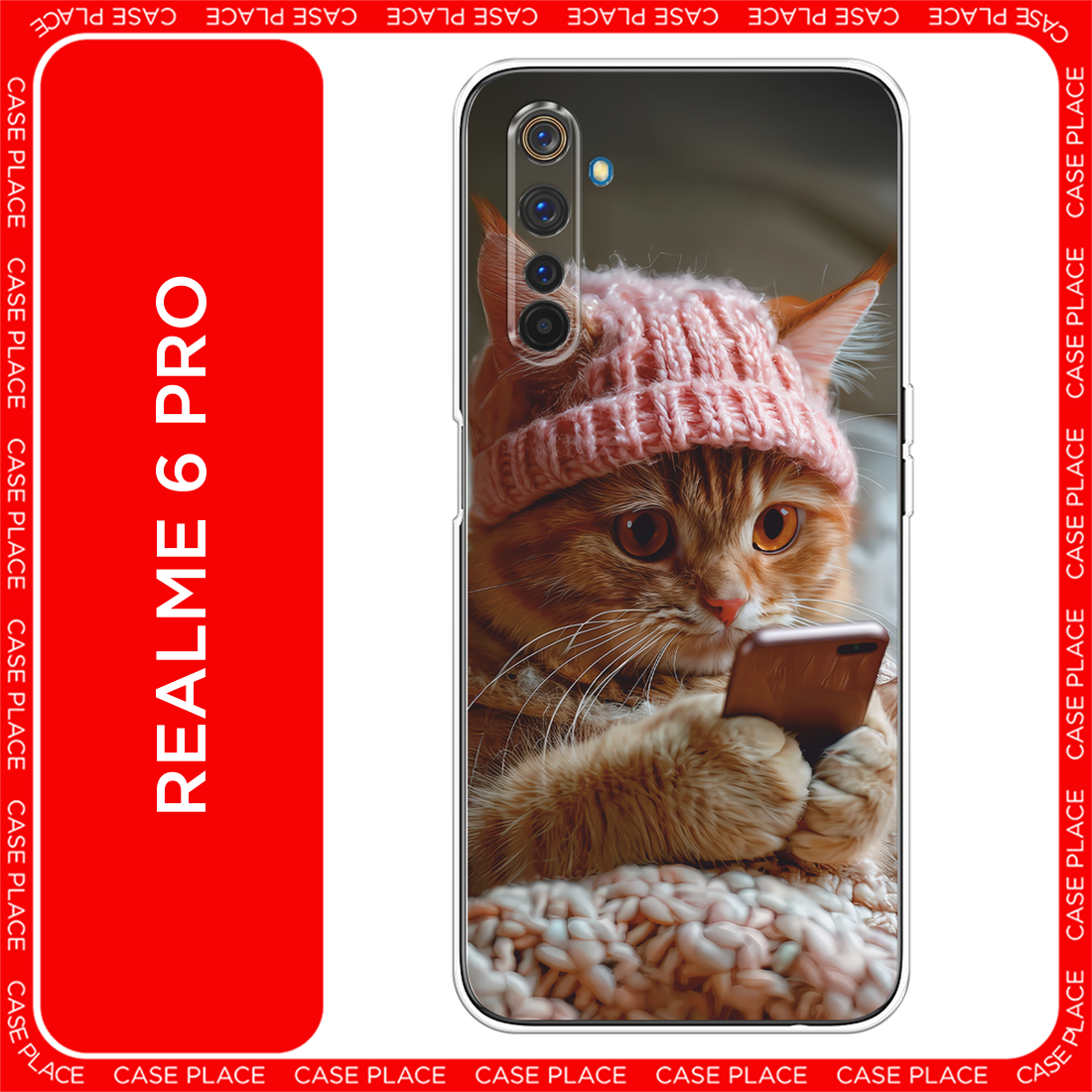 Чехол на Realme 6 Pro / Реалми 6 Про с принтом Рыжий котик с телефоном