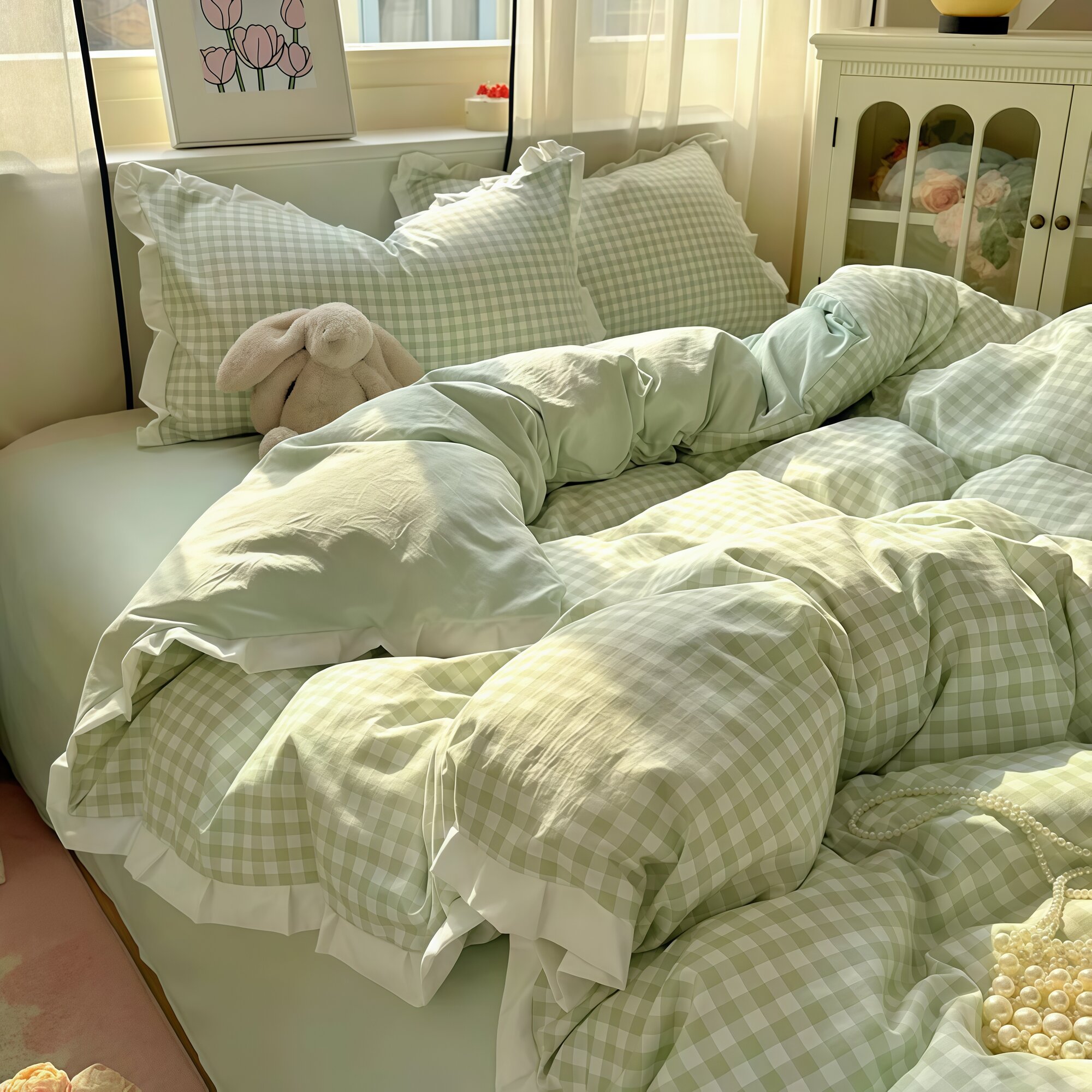 Корейская кружевная кровать из четырех предметов постельного белья из хлопка для девочек, зеленый, 180×200см
