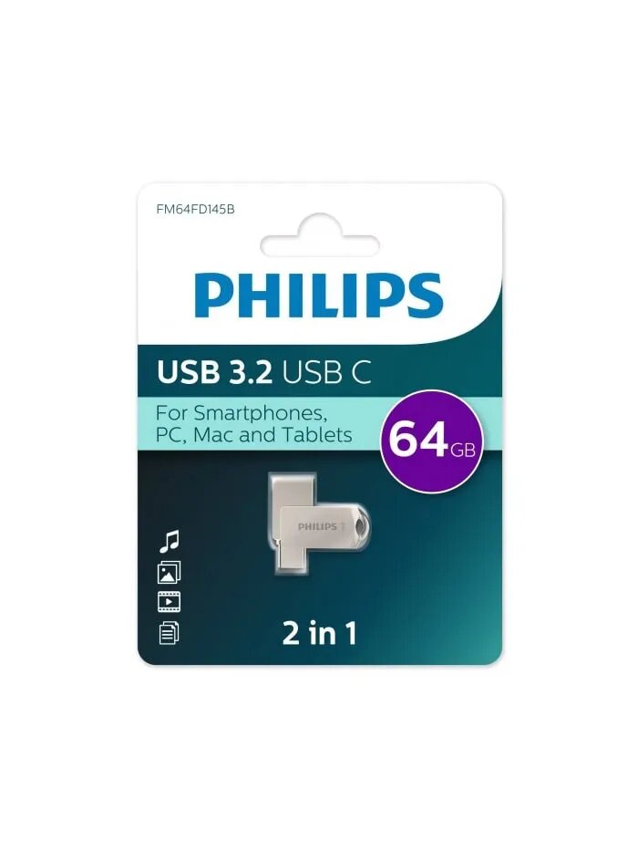 Накопитель USB 3.2 64GB Philips FM64FD145B/97 Type-C, OTG, USB 3.2/Type-C, Металл, 100 MB/s