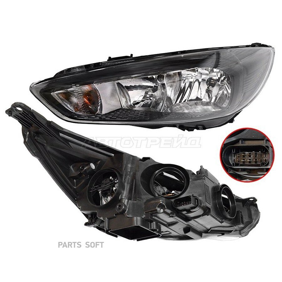 Фара Ford Focus 14-19 (Слева/ Галоген/ С электрокорректором/ Чёрная) от официального дистрибьютора, SAT, артикул ST43111C9LMLEMD2