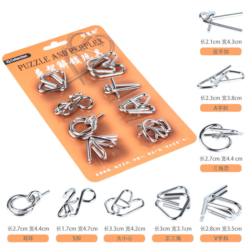 Набор металлических головоломок 8 штук для детей - оранжевый цвет английская версия