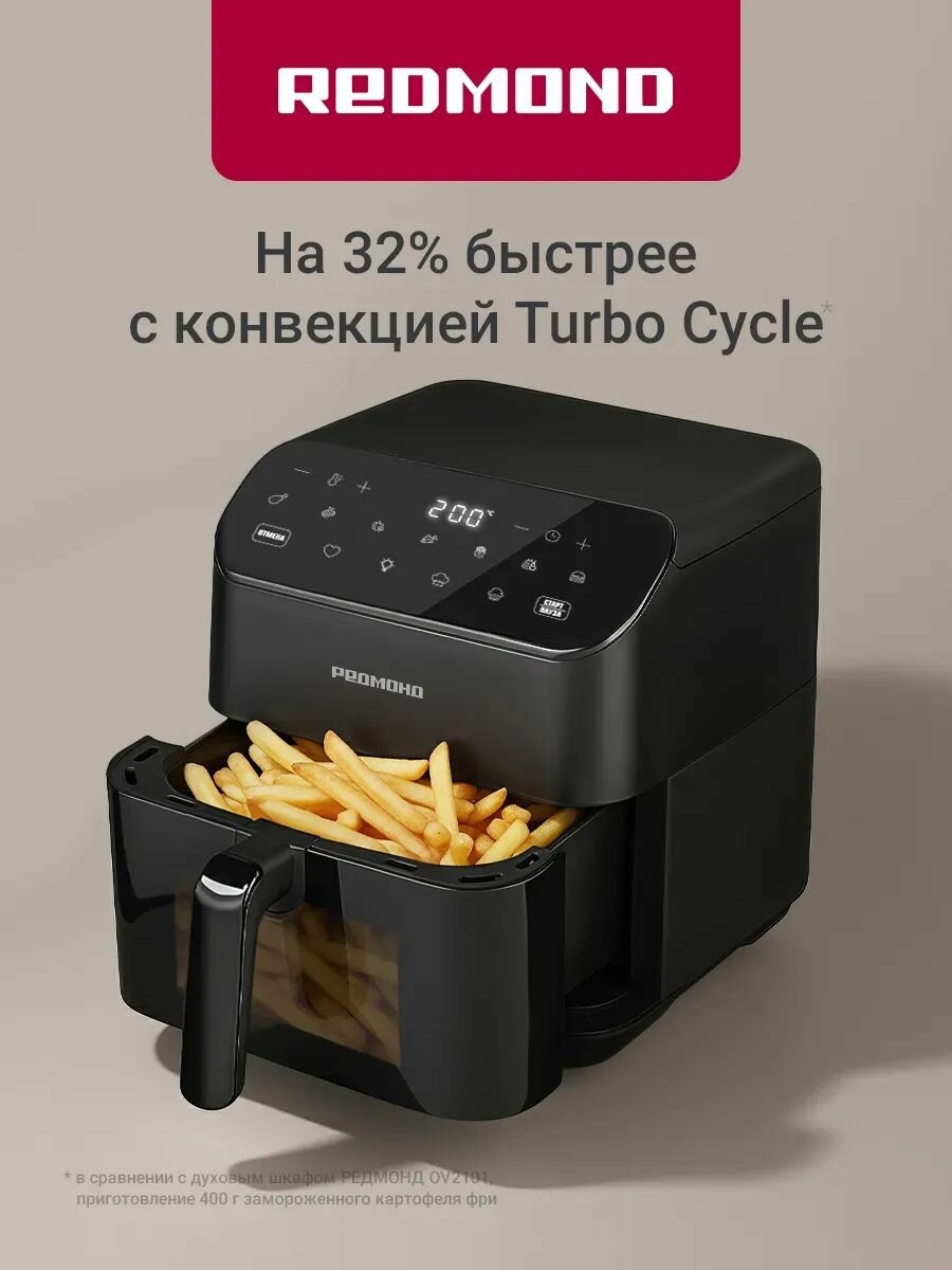 Аэрогриль Redmond AG1904, 1600 Вт, чаша на 5 л, 8 программ, таймер, дисплей, сенсорное управление, функция "любимый рецепт", черный