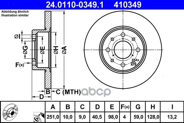 Диск тормозной задн, ALFA ROMEO: MITO 0.9/1.3 JTDM/1.4/1.4 Bifuel/1.4 TB/1.4 Turbo/1.6 JTDM 08- Ate арт. 24.0110-0349.1