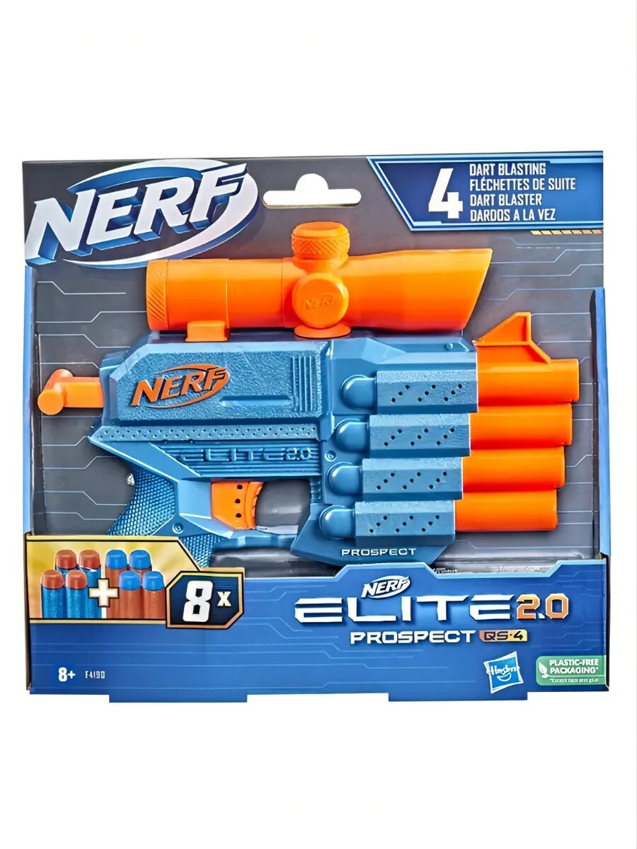 Игровой бластер Nerf Элит 2.0 QS-4, встроенный прицел, 2 ствола, 4 стрелы, голубой, оранжевый