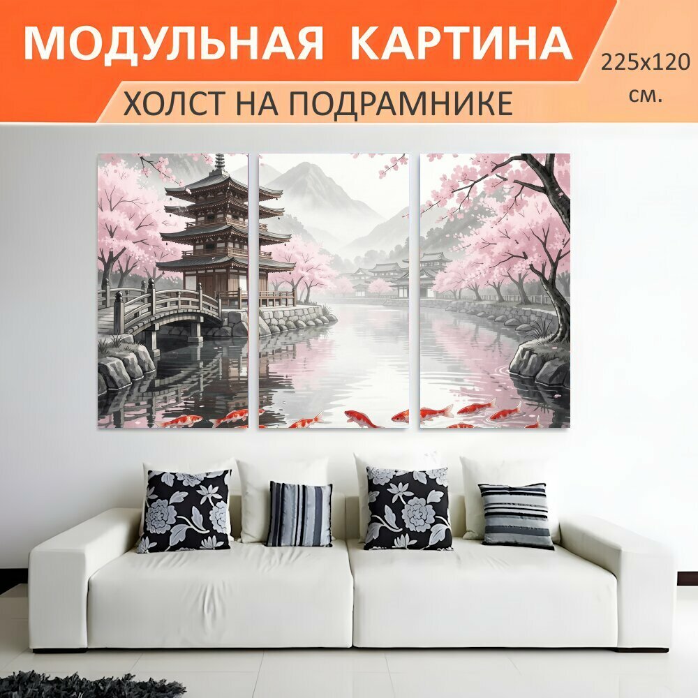 Модульная картина на холсте "Японский сад с пагодой и карпами. Умиротворённый восточный пейзаж с многоярусной башней, цветущей." триптих на подрамнике 225х120 см. для интерьера