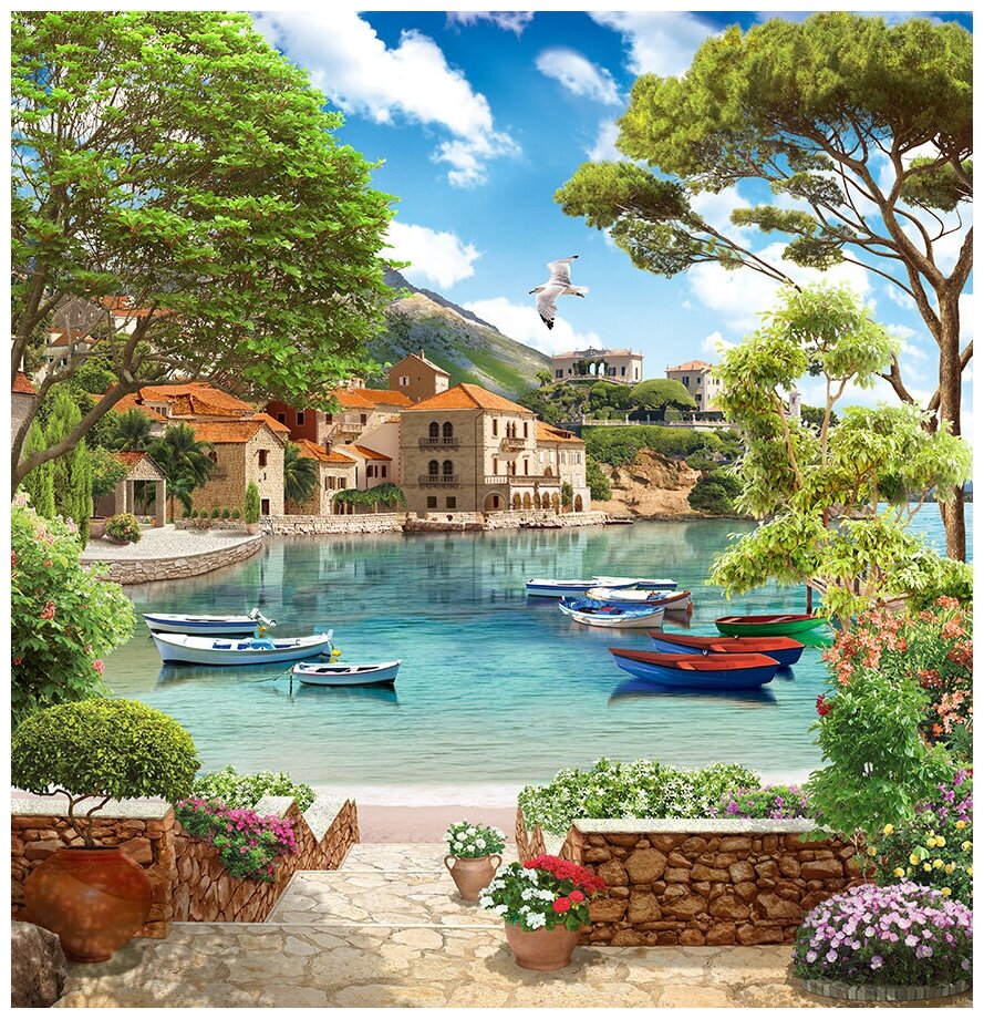 Фотообои Уютная стена "Терраса с лестницей к набережной" 260х270 см Виниловые Бесшовные (единым полотном)