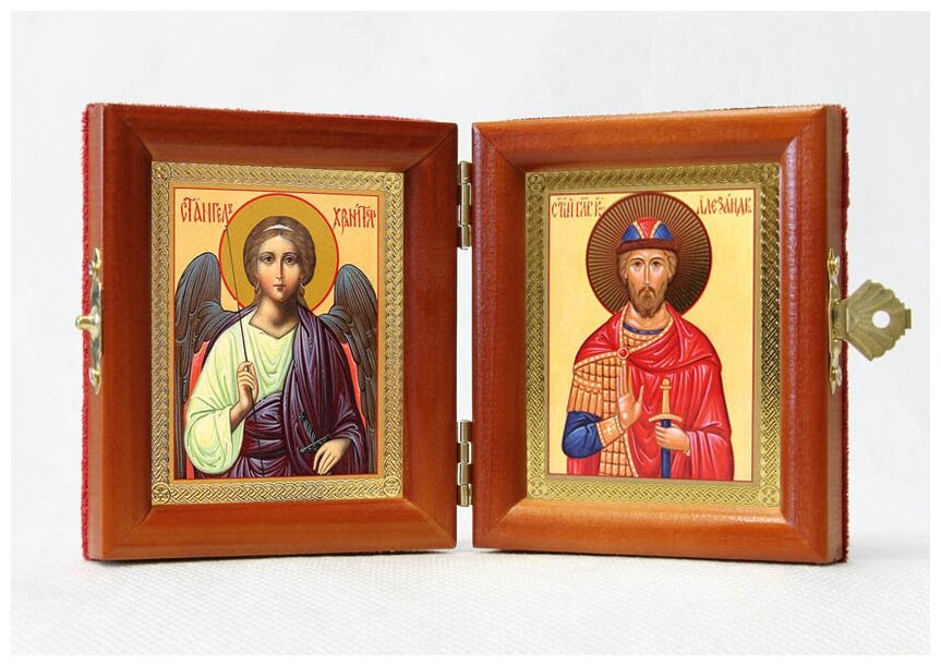 Складень именной "Благоверный князь Александр Невский (лик № 001) - Ангел Хранитель (лик № 005)", из двух икон 8*9,5 см