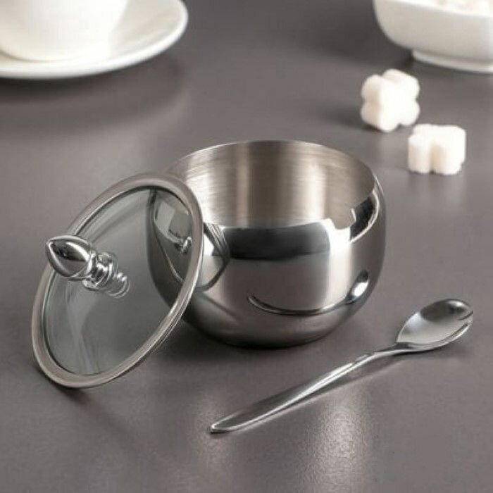 Сахарница металлическая с ложкой. Емкость для хранения сахара банка с крышкой настольная маленькая 250мл, серебристая. Loloki