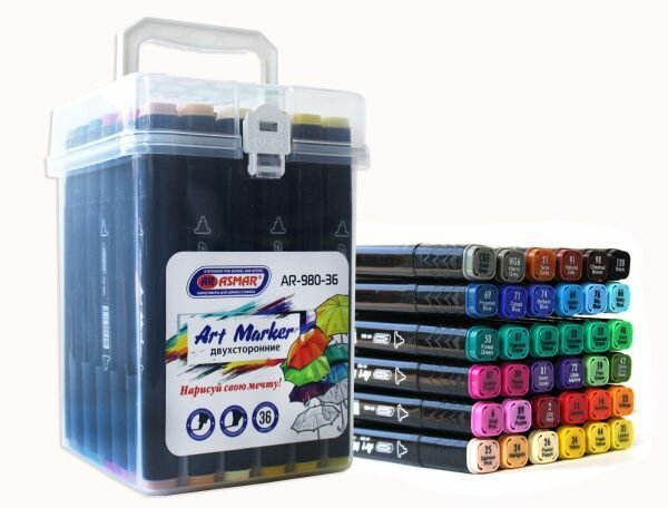ART MARKER "ASMAR' (скетчмаркер) двухсторонние 36 цветов, пулевидный и скошенный наконечник