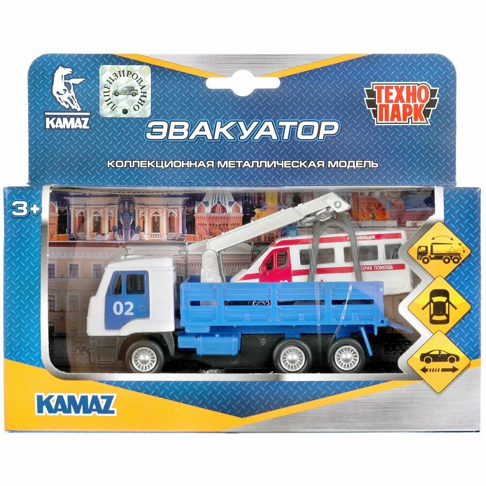 Машина металлическая Камаз Эвакуатор, 12 см. +скорая, 7,5 см. Технопарк SB-19-29-D-WB