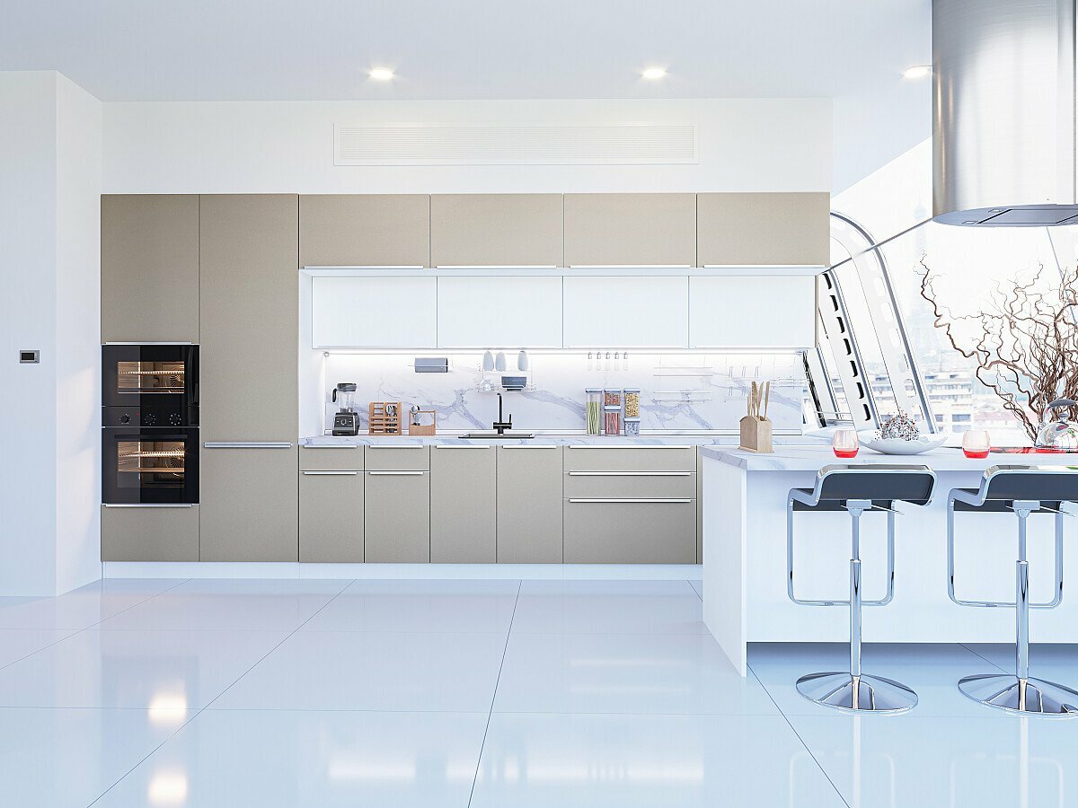 Кухня Фьюжн-02, цвет фасада Silky Grey/Silky White, цвет каркаса Белый, 2140*4400*600 мм