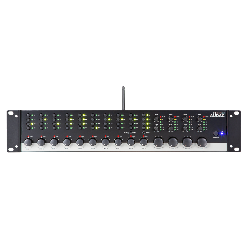 Audac PRE240- Предусилитель-стереомикшер 10:4 с Bluetooth, ползунковые регуляторы уровней