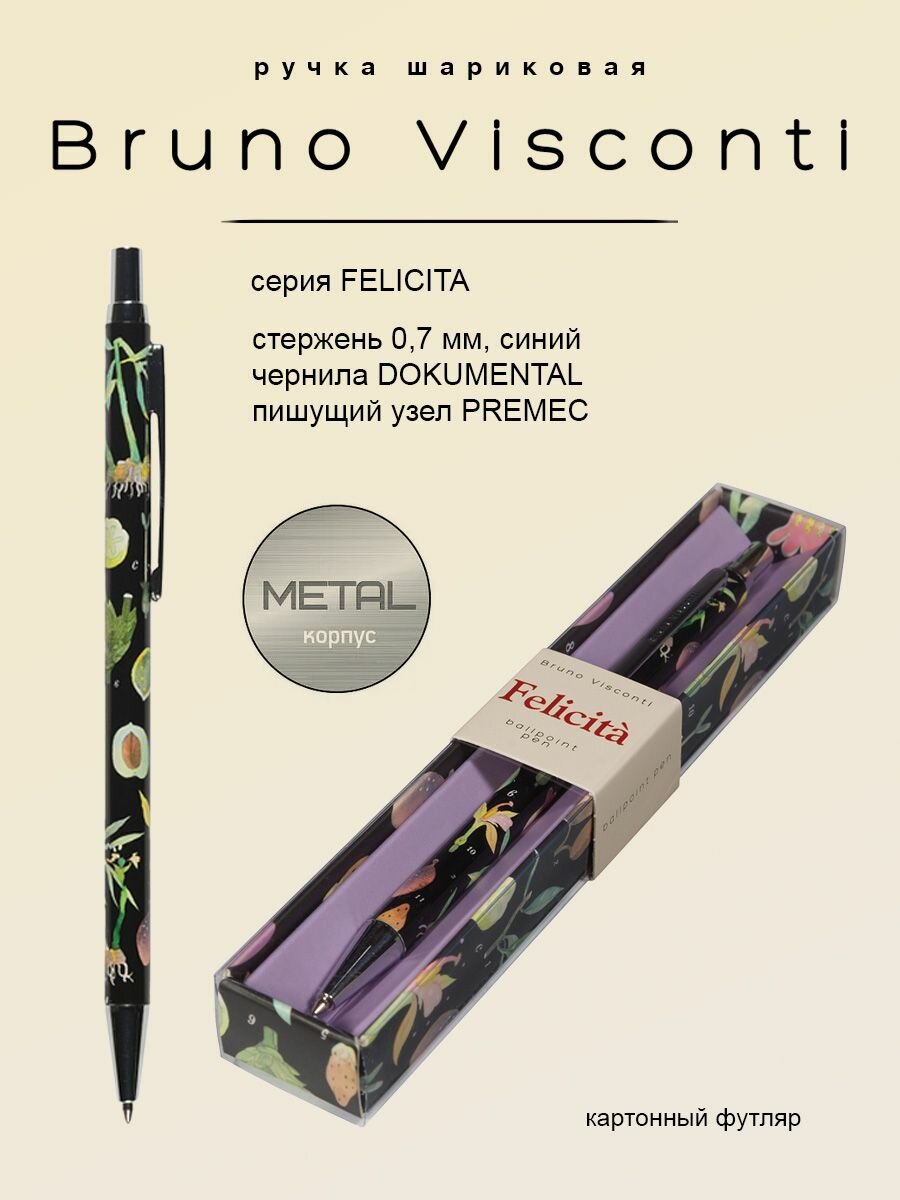 Ручка BrunoVisconti шариковая автоматическая, 0.7 мм синяя, FELICITA "Ботаника" в футляре, металлический корпус