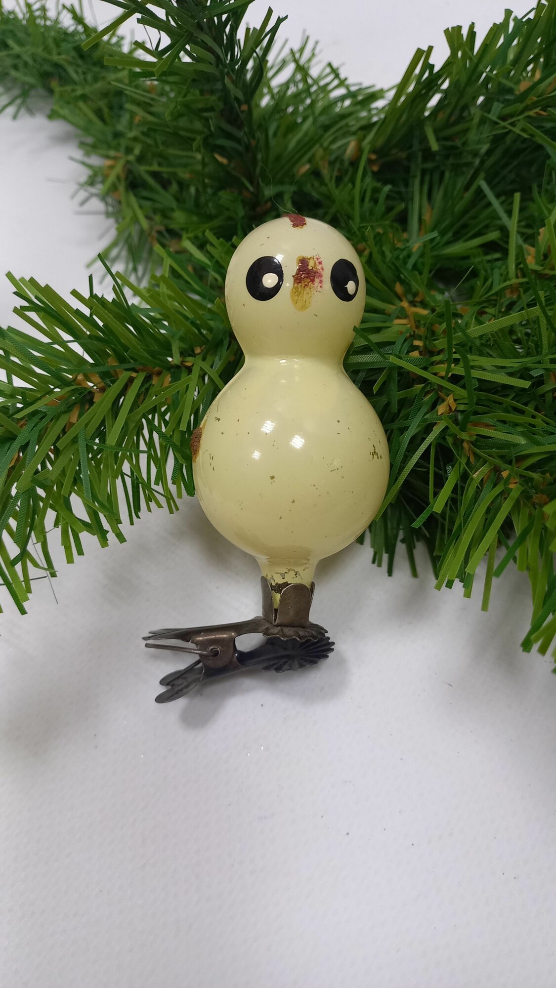 Елочная игрушка на прищепке Цыпленок винтажная советская, стекло, СССР