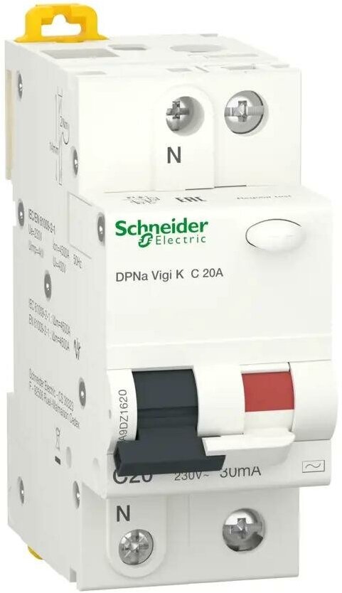 Дифференциальный автомат Schneider Electric Acti9 1P N C20 А 30 мА 4.5 кА АС A9DZ1620