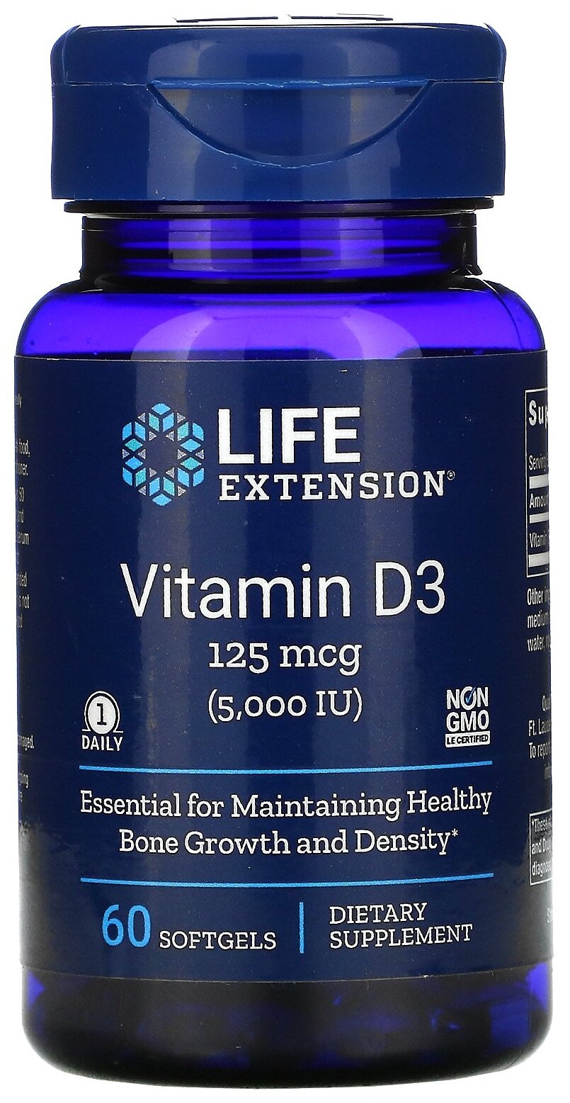 Life Extension, Vitamin D3, Витамин D3, 5000 МЕ, 60 гелевых капсул