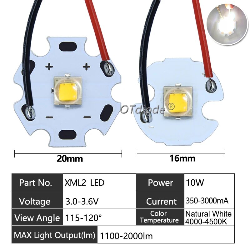 OTdiode 10W XLM T6 светодиоды теплый белый XMLL2-4500K, 16mm Led With Wire
