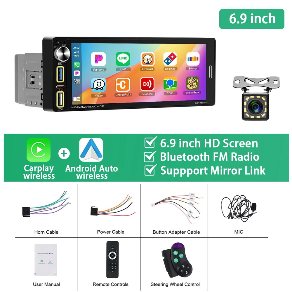Podofo 6,9 дюйма 1Din Автомобильная стереосистема Carplay Android Auto MP5 Player Mirror Link EQ Sound FM/RDS Bluetooth USB и порт TYPE-C Автомобильное аудио MP5 Player CAM