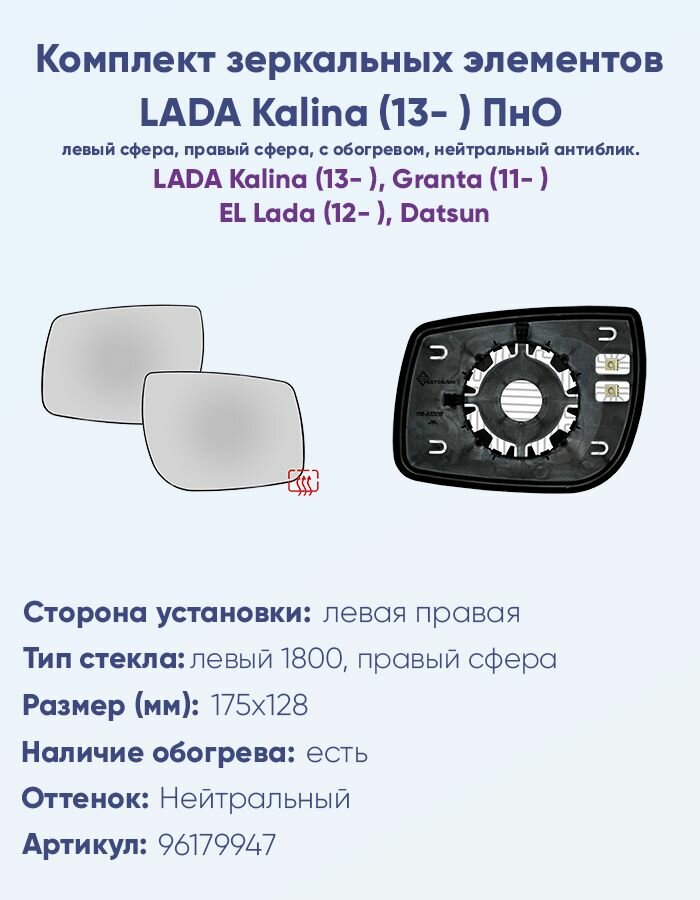 Комплект зеркальных элементов для автомобилей Лада Калина II (2013-н. в.), Лада Гранта седан (2011-н. в.) с обогревом и сферическими противоослепляющими зеркальными отражателями нейтрального тона.