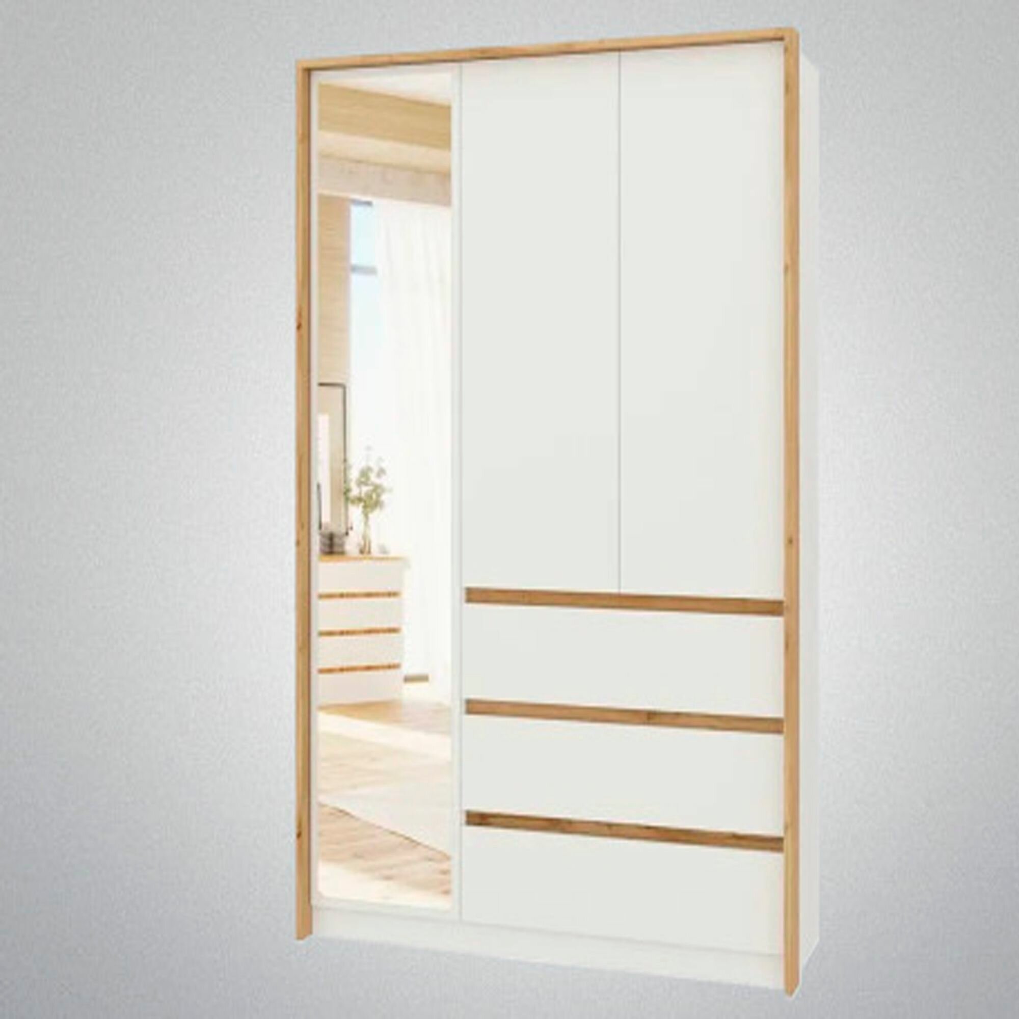 Шкаф 3-х створчатый Дубай, цвет Белый жемчуг и Дуб Вотан, ширина 154.4 см, с полками и ящиками, со штангой, для спальни