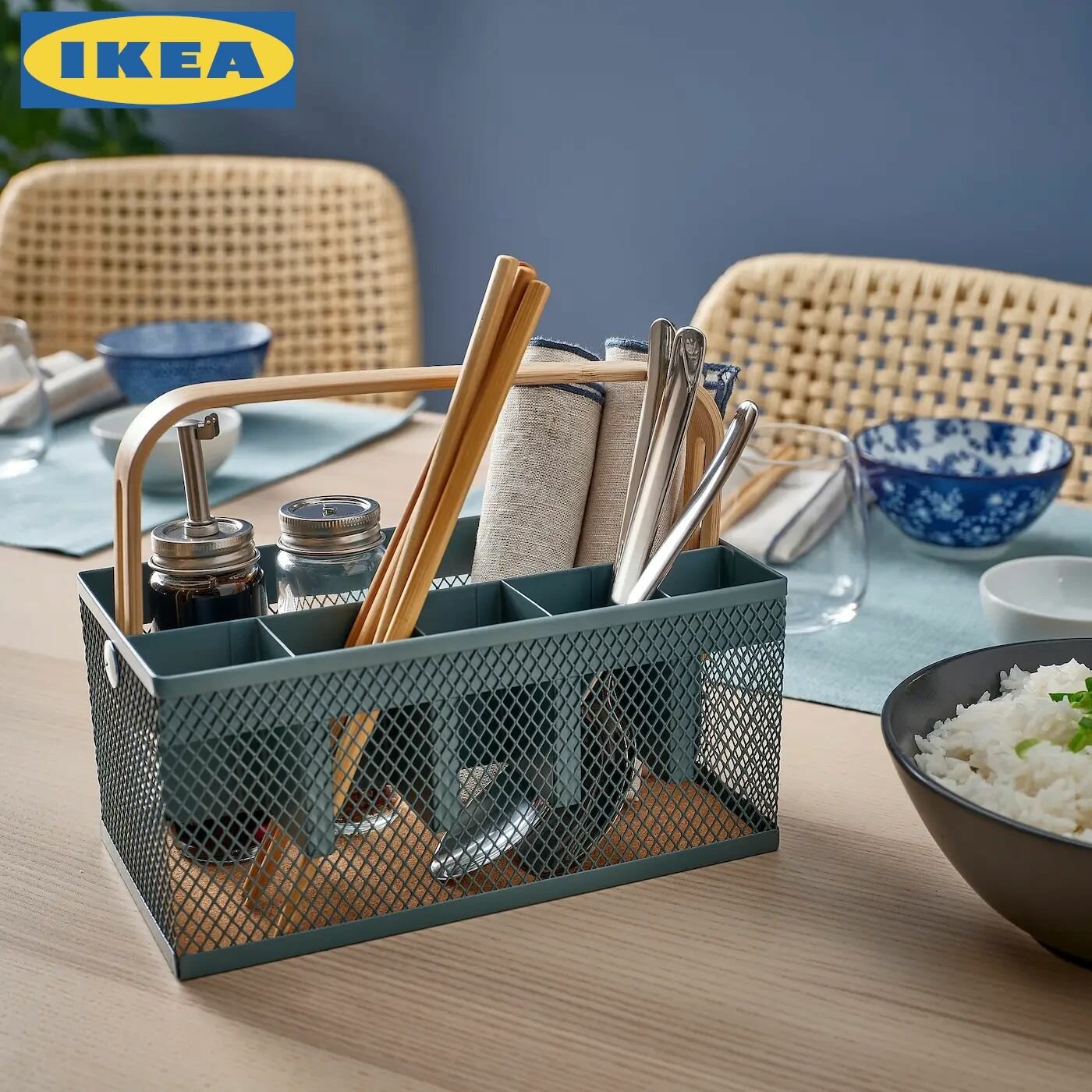 VIMPELFISK IKEA держатель для столовых приборов, бамбук/серо-бирюзовый