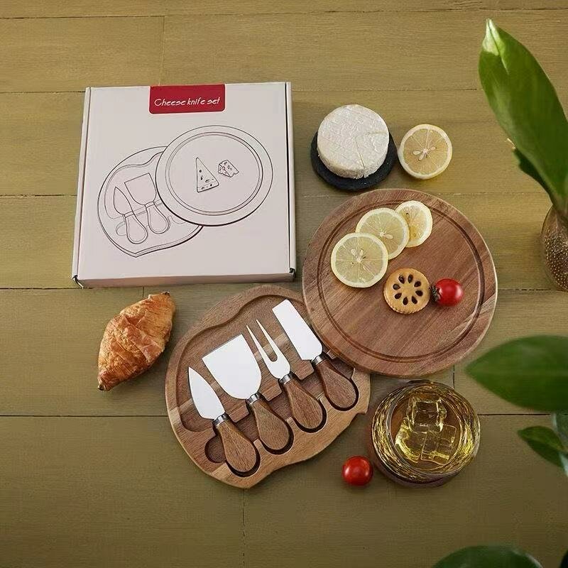 Набор из акации: сырная доска, нож для сыра, вилки и скребок для выпечки，Натуральный