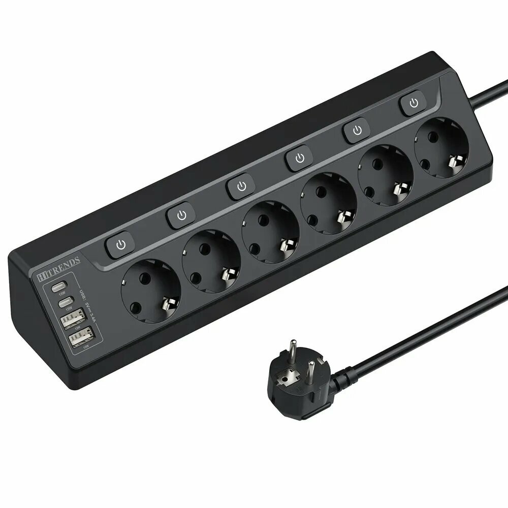 HITRENDS Удлинитель с 6 розетками и 2 USB + 2 Type-C, индивидуальные выключатели, защита от перегрузки, 4000W 16A 250V, огнестойкий и пылезащитный, кабель 2 м