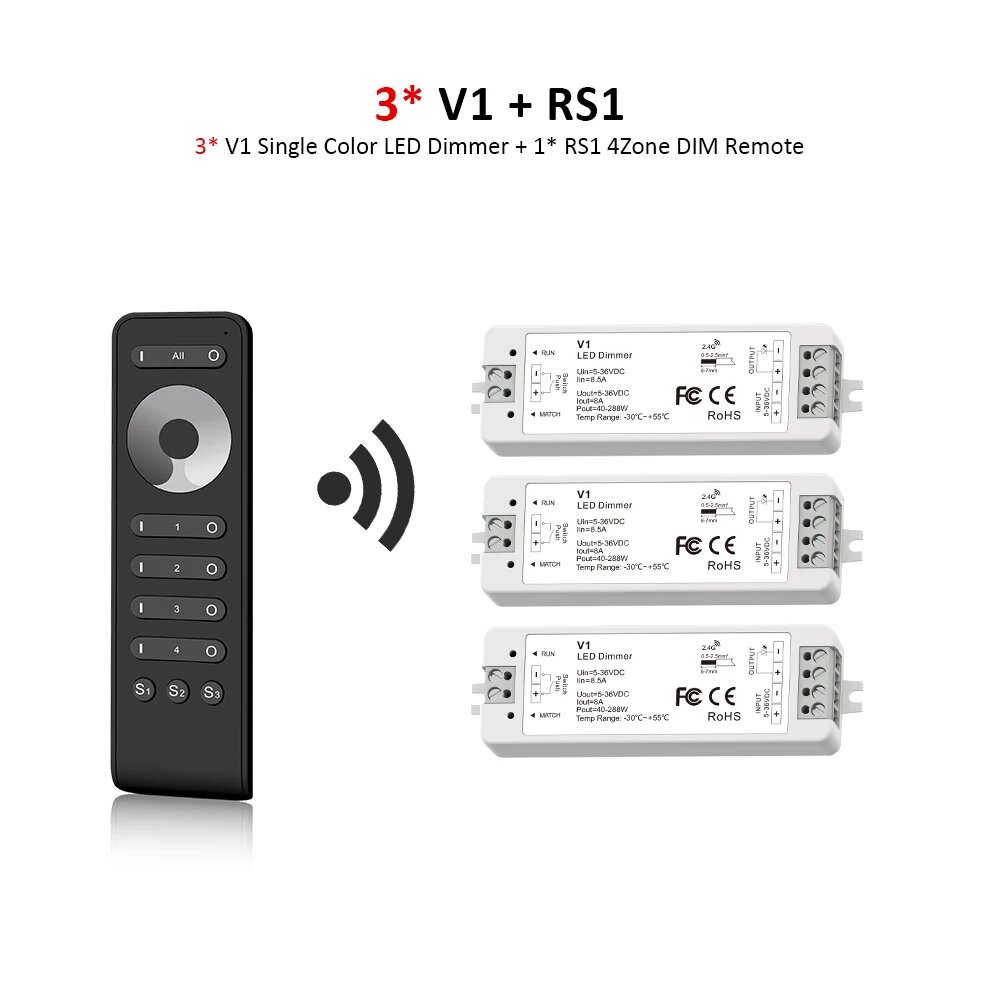 Диммер LED ленты 4 зоны RS1 + 3шт V1 комплект