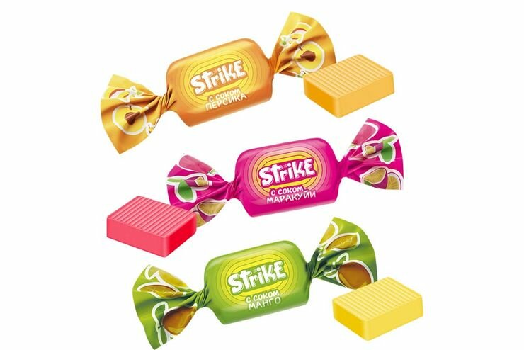 KDV Жевательная конфета Strike со вкусами манго, маракуйи и персика, 1 кг, КДВ