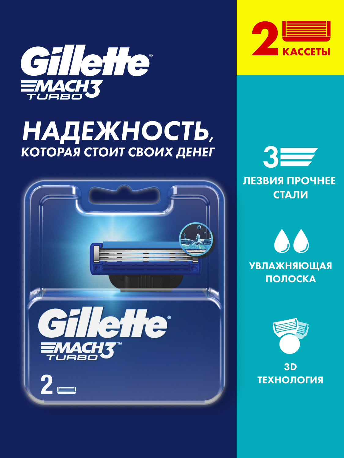 Cменные кассеты Gillette Mach3 Turbo для мужской бритвы, 2 шт, 3 лезвия