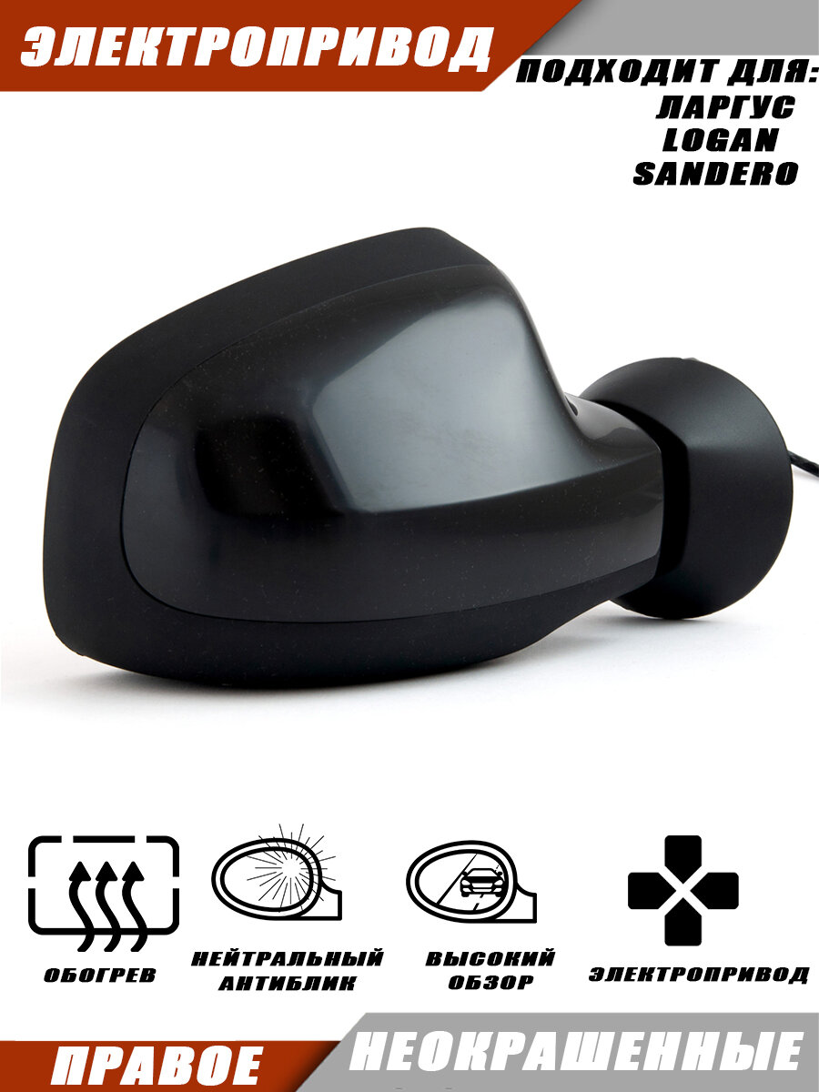 Зеркало для Лада Ларгус правое электропривод, обогрев, неокрашенное. 963023520R 963017247R Solina