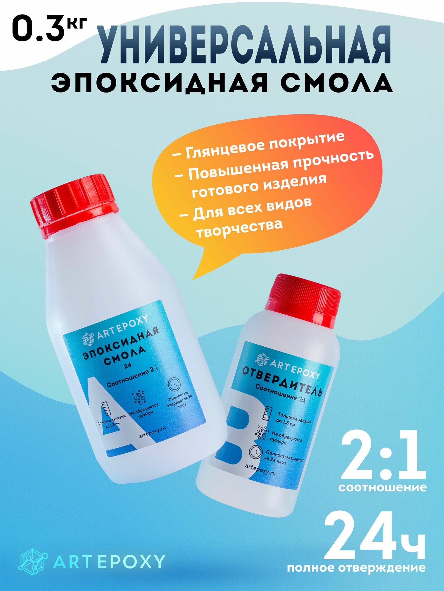 Эпоксидная смола для творчества (быстросохнущая) ArtEpoxy Quick, 300гр прозрачная, ювелирная для бижутерии для ювелирных работ быстрое отверждение