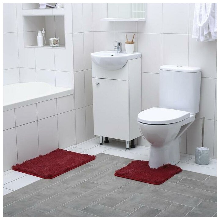 Набор ковриков для ванной и туалета Доляна «Пушистик», 2 шт: 38×40, 40×60 см, цвет бордовый, 3924903