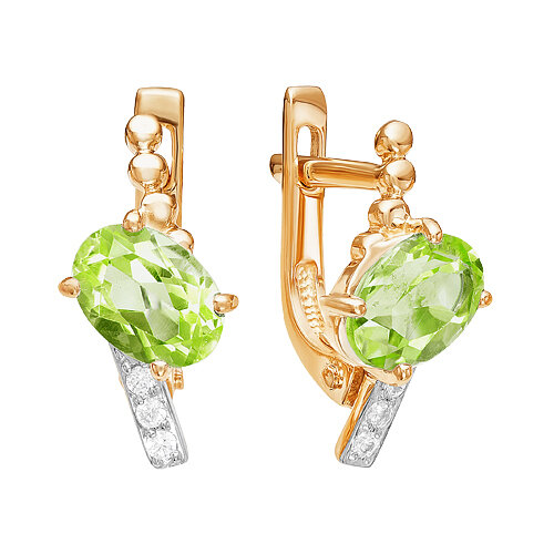 Серьги, золото, 585 проба, фианит, хризолит