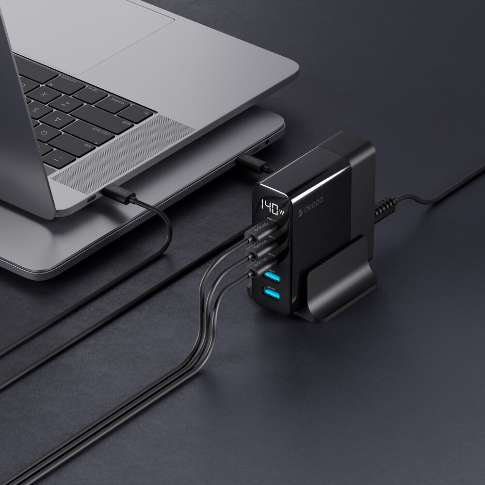 Зарядная станция Charging Station GaN 3xUSB Type-C, 2xUSB, PD, QC, 140Вт, черный, Deppa 11437-OZ/ Без заводской упаковки