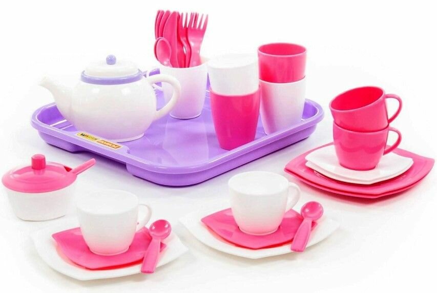 Детская игрушечная посуда "Алиса", сюжетно-ролевой набор для девочек с подносом на 4 персоны, 35 элементов для юного повара
