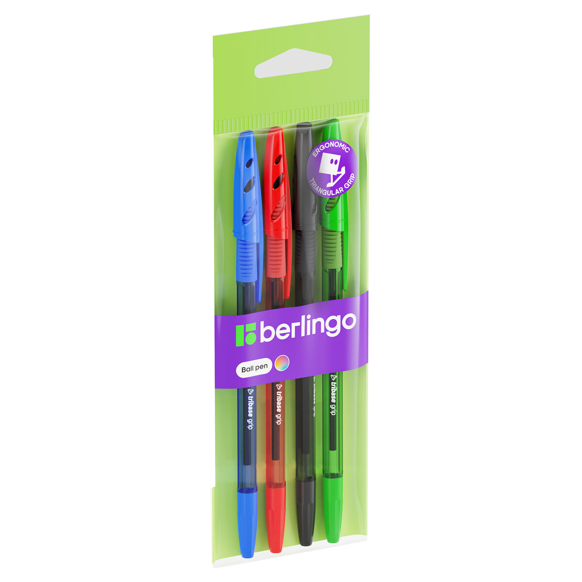 Набор шариковых ручек "Tribase grip" 4 шт, 4 цв, 1,0мм, грип, европодвес, Berlingo