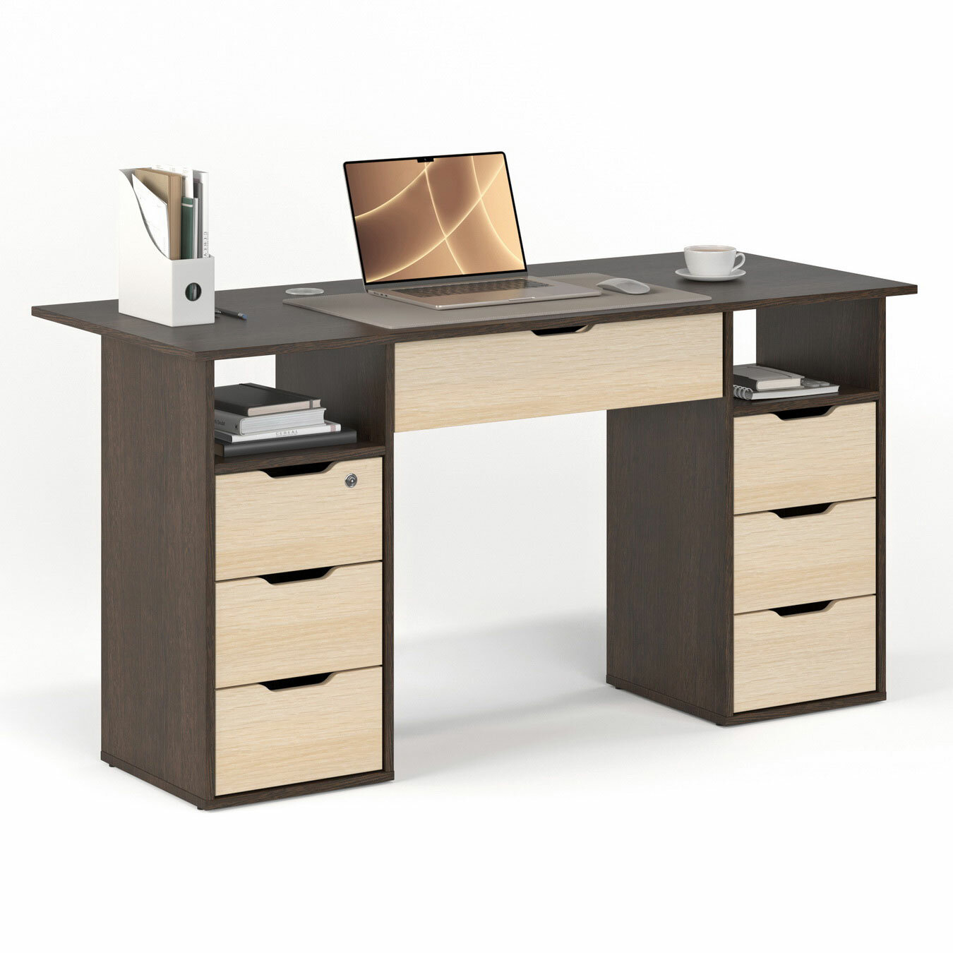 Двухтумбовый письменный стол с 6 узкими и 1 широким ящиком 146х60 см МагМебель №73Я венге, дуб молочный