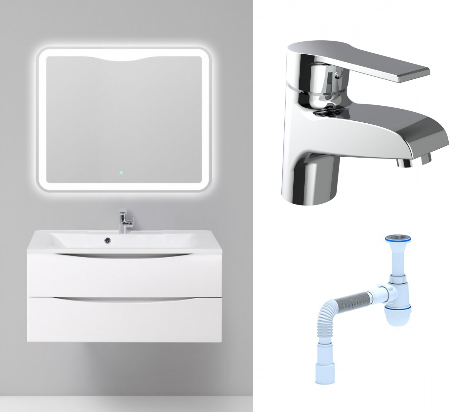 Комплект: Мебель для ванной BelBagno Marino 100 bianco lucido + Смеситель Agger Right A2902100 хром + Сифон АниПласт 107101+A2902100+C2015xrv