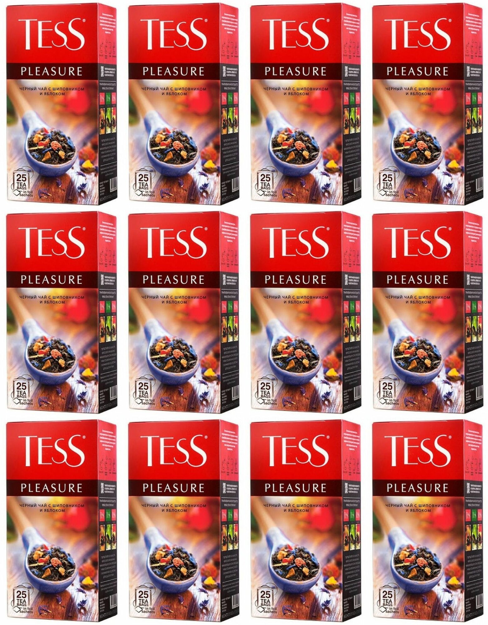 Tess Чай черный байховый Pleasure, с шиповником и яблоком, 25 пакетиков, 12 уп