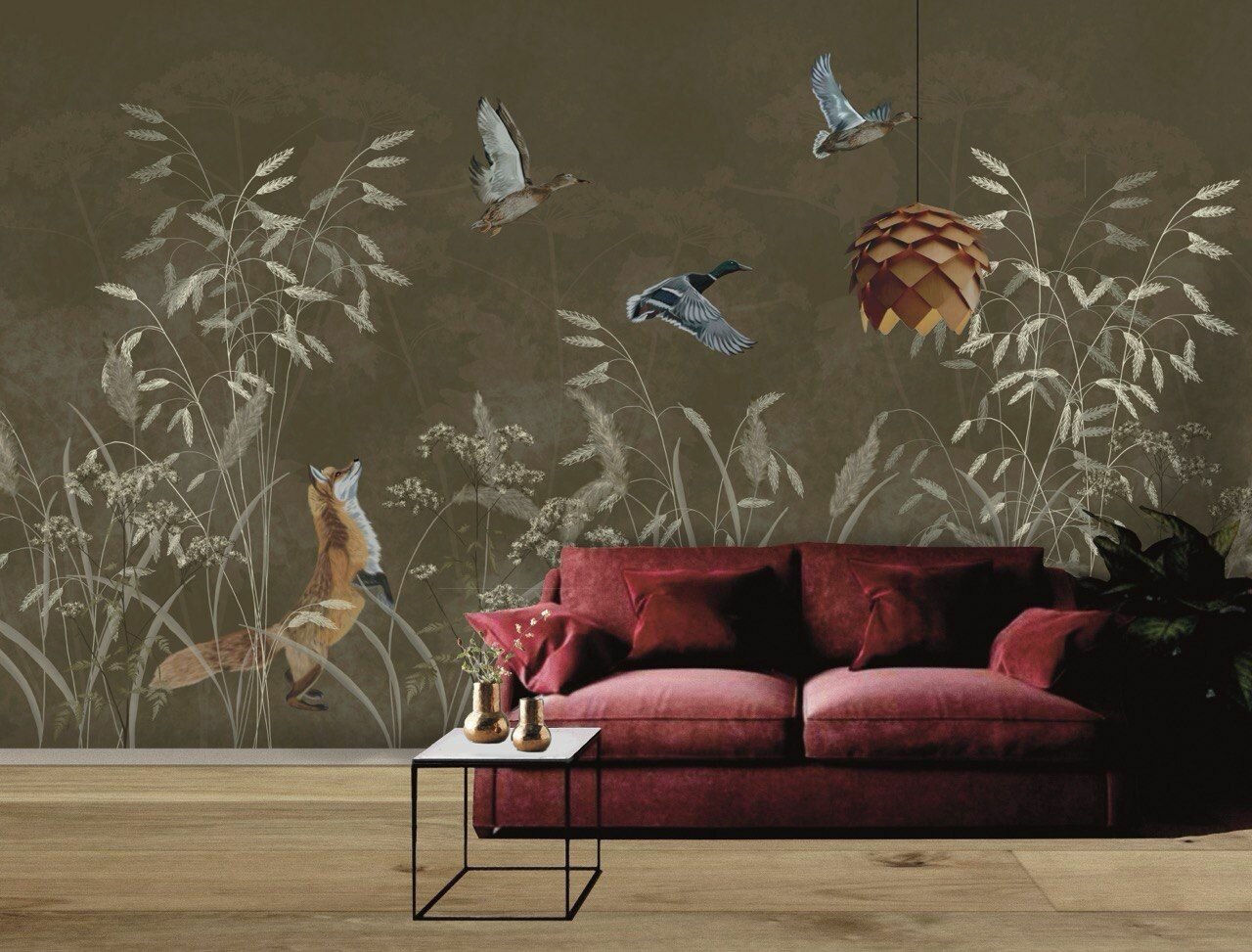 Фреска бесшовная Лиса и утки в колосках молочный шоколад (ширина 2750мм х длина 2500мм)