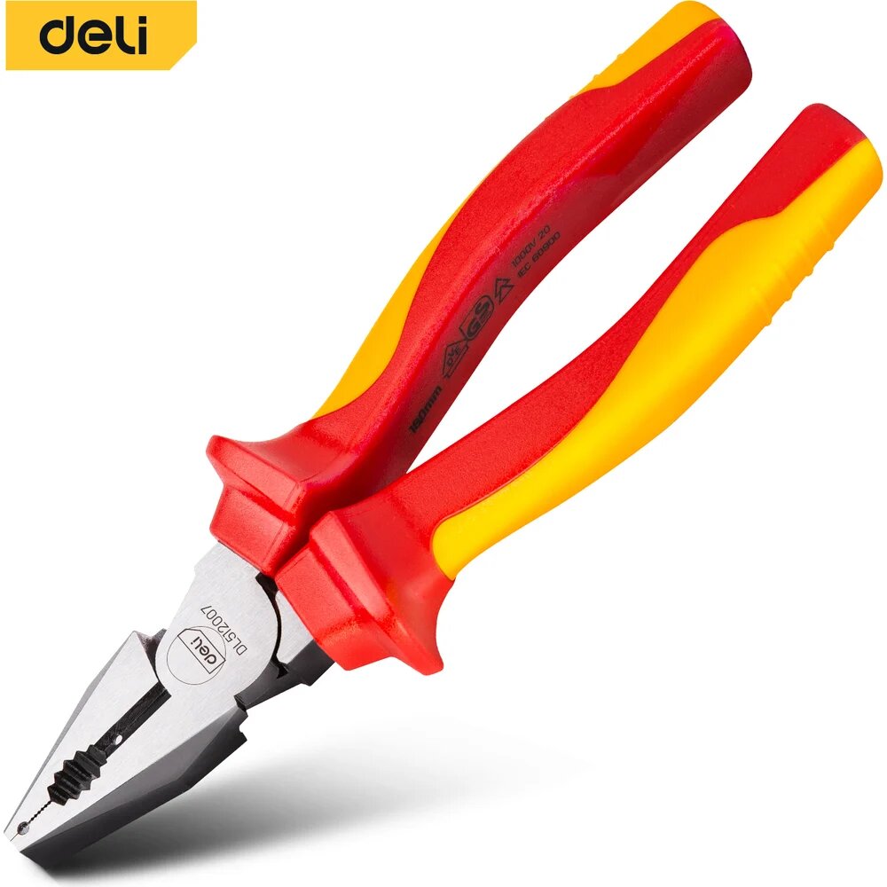 Диэлектрические комбинированные плоскогубцы DELI dl512007 180мм (сертификат vde до 1000в, сталь cr-v, рукоять