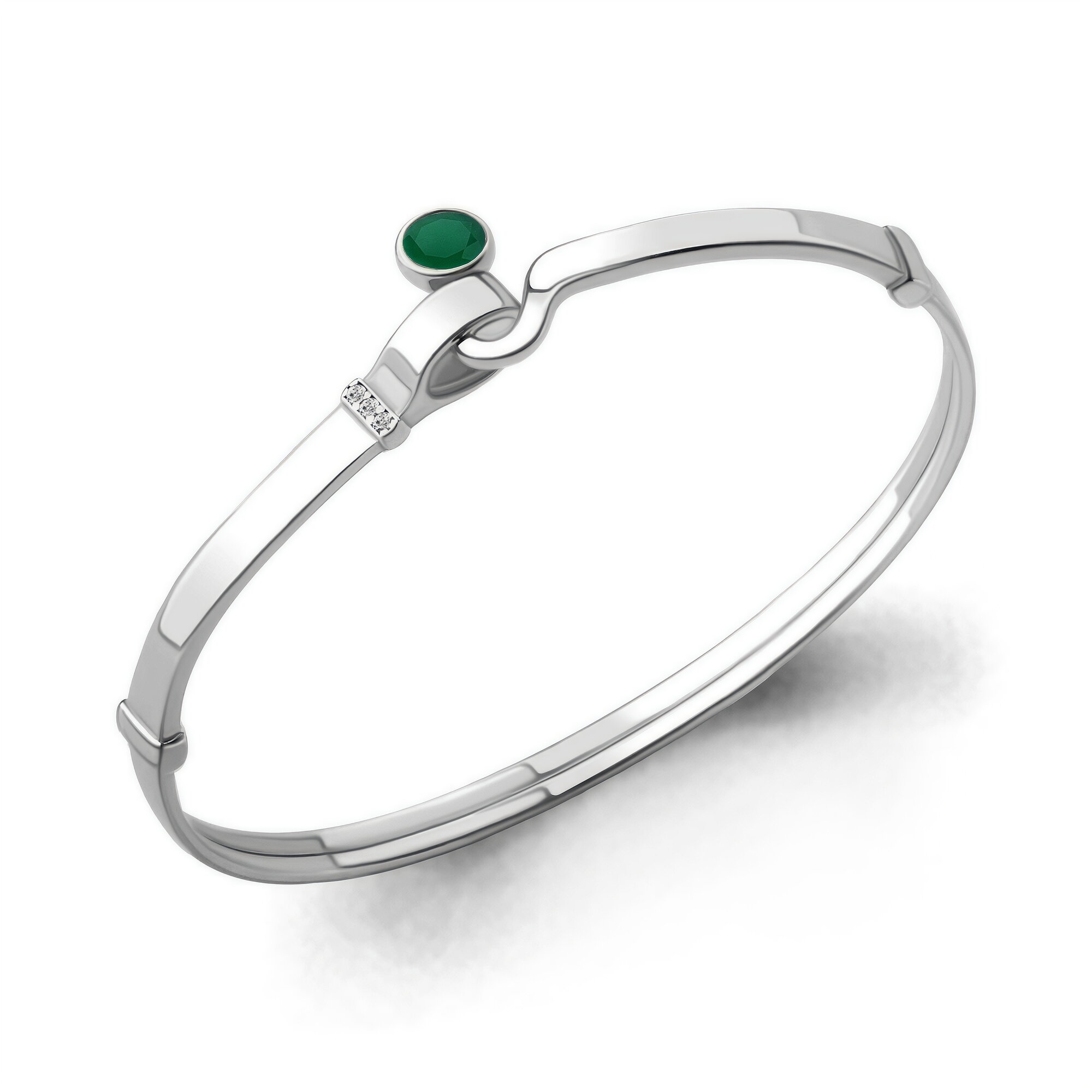 Жесткий браслет, серебро, 925 проба, родирование, агат, фианит